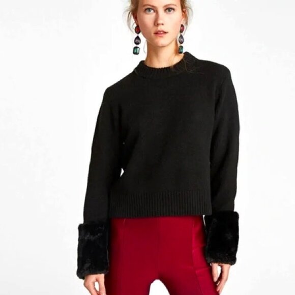 Zara | Sweaters | Zara Knit Crew Neck Sweater With Faux Fur Cuffs Size ...